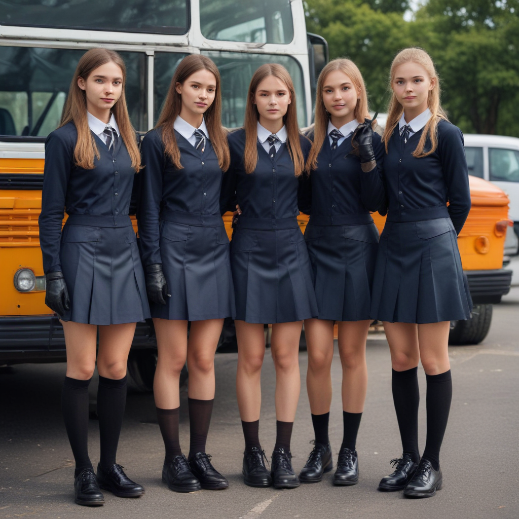full-body view of a group of very skinny and slender girls, school ...