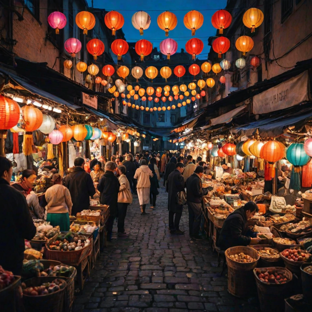 Vibrant Night Market Scene Illuminated by Colorful Lanterns and Crowded ...