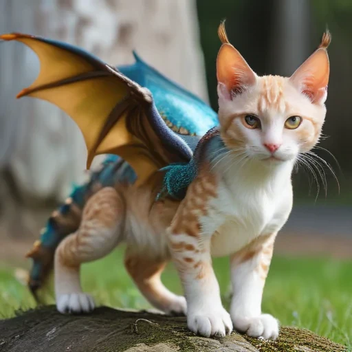 A Cat with Colorful Dragon Wings Enjoying a Sunny Afternoon Outdoors