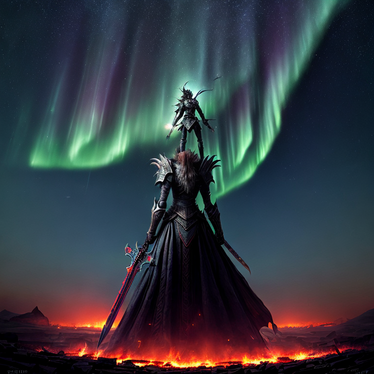 a woman in demonic light armor stands on a pile of fallen zombies ...