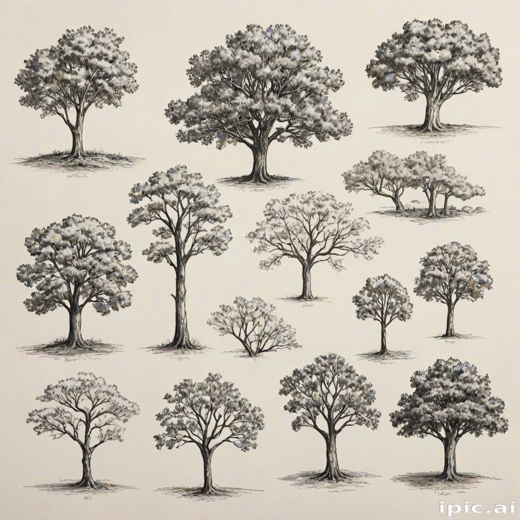 A Collection of Detailed Illustrations Showcasing Various Tree Types ...