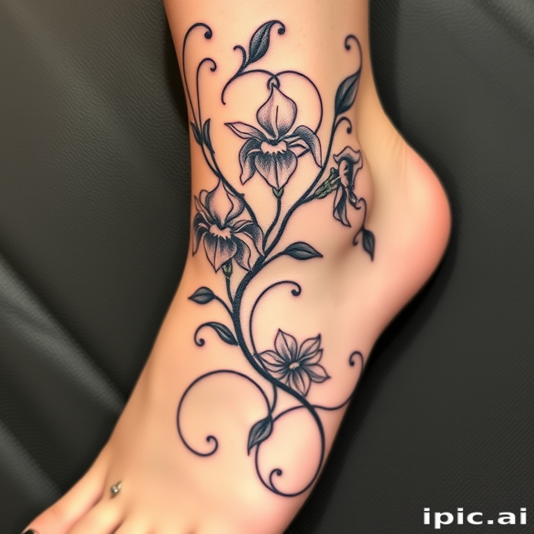 Elegant Floral Tattoo Design Curving Gracefully Around the Ankle Area