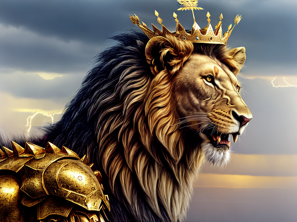 lion with a crown stunning armor in gold and silver, clods and ...