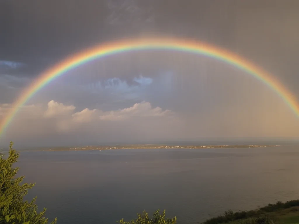 A Vibrant Rainbow Arching Over a Calm Ocean and Scenic Landscape.