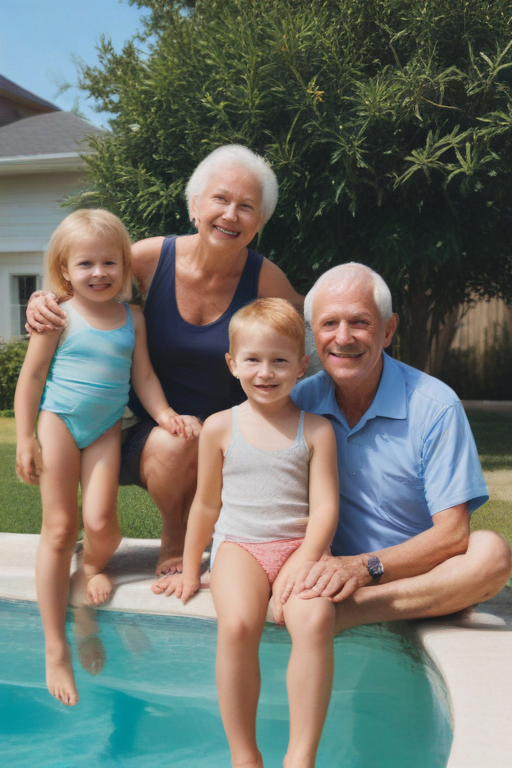 pool, three generations, family photo