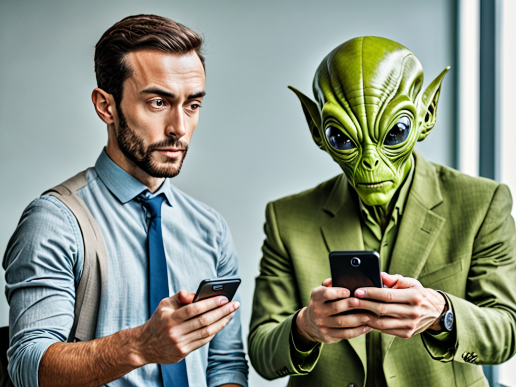 man turns into half alien and half man while looking at a smartphone