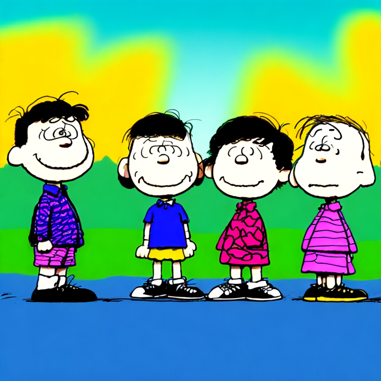 A cartoon drawing in the style of Peanuts of a rock and roll band.