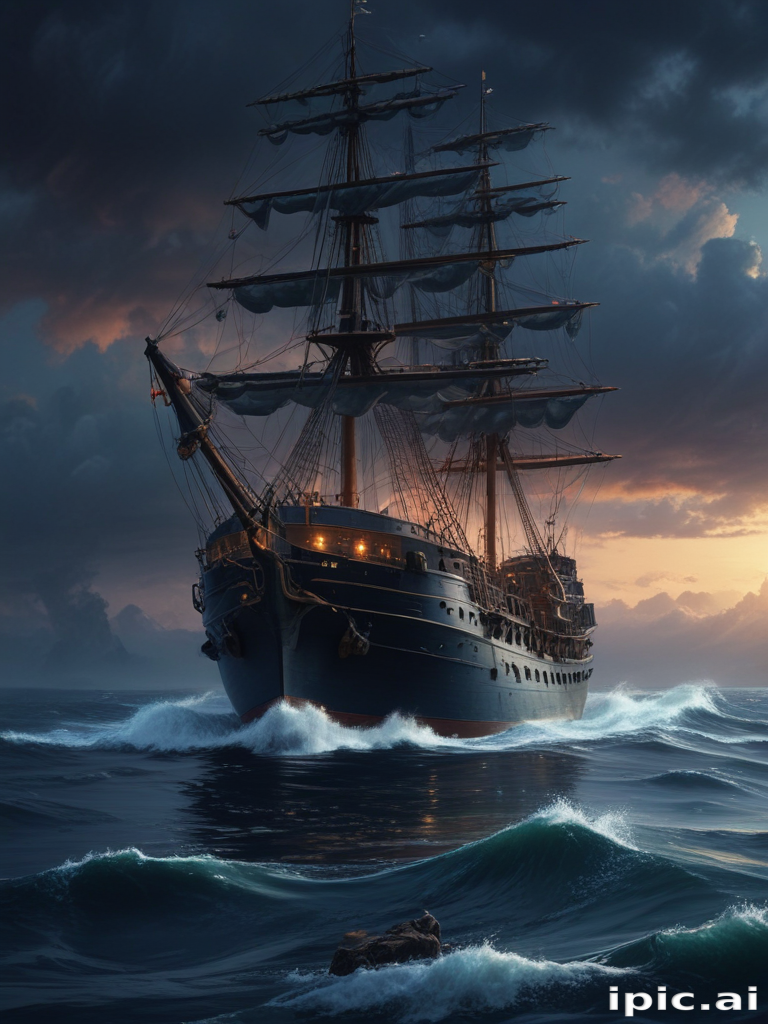 Majestic Sailing Ship Battling Stormy Seas Under Dramatic Twilight Skies.