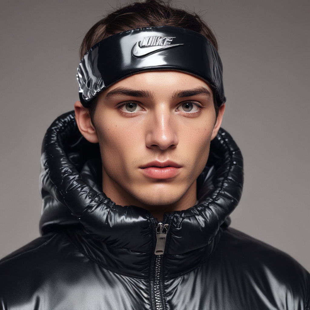 Male supermodel nike shiny puffer jacket bling jewellery hood headband