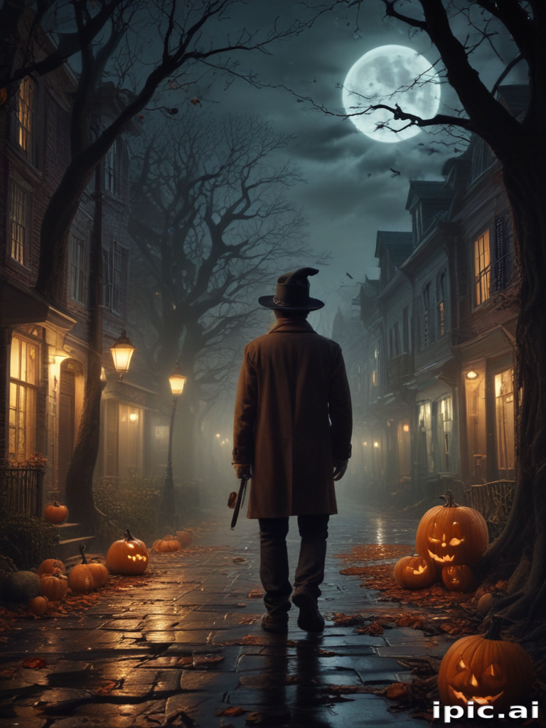 Mysterious Figure in a Hat Strolling Through a Spooky Halloween Street.