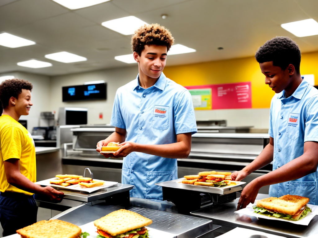 a student works in a fast food, he makes some sandwiches, sunny day