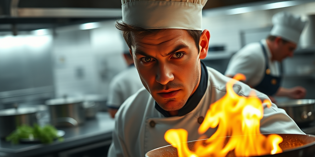 Passionate Chef Masterfully Cooking with Flames in a Modern Kitchen