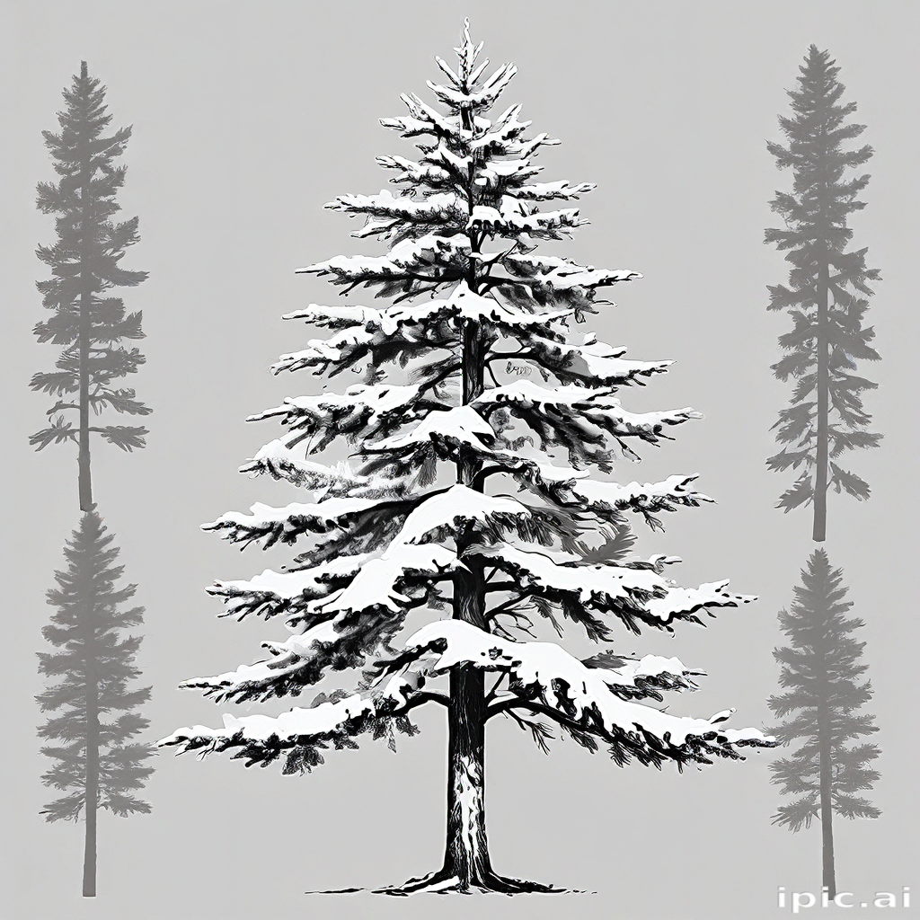 Elegant Snow-Covered Pine Tree Surrounded by Silhouetted Forest Companions