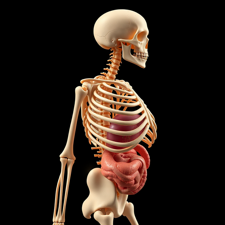 Create a highly detailed 3D anatomical illustration of a human skeleton ...