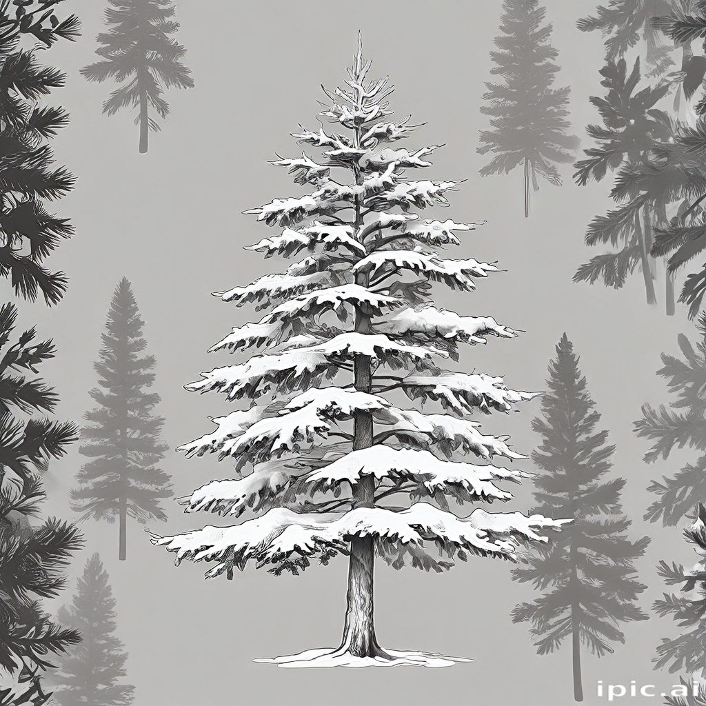 Elegant Snow-Covered Pine Tree Surrounded by Subtle Forest Silhouettes