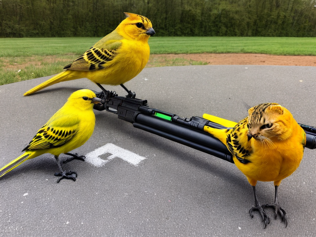 Cat pointing gun at a yellow bird