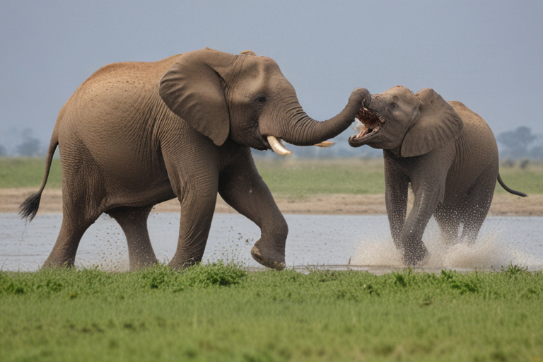 A elephant fighting with a crocodiles and the elephant is winning the ...
