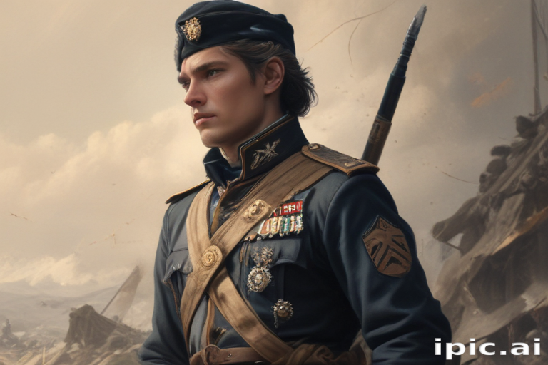 A Young Military Officer in Historical Uniform Stands Proudly Amidst ...