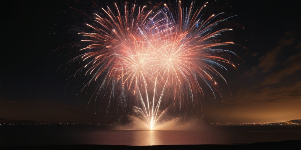 Spectacular Night Sky Illuminated by Colorful Fireworks Over Calm Waters