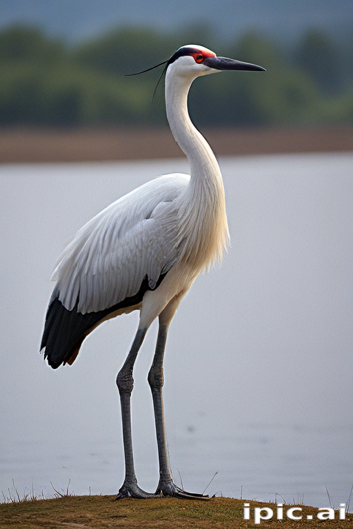 Elegant White Crane Standing Gracefully by Tranquil Water's Edge at Dusk