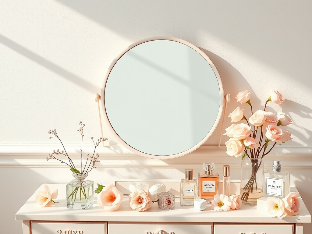 Elegant Vanity Scene with Perfumes, Flowers, and a Round Mirror