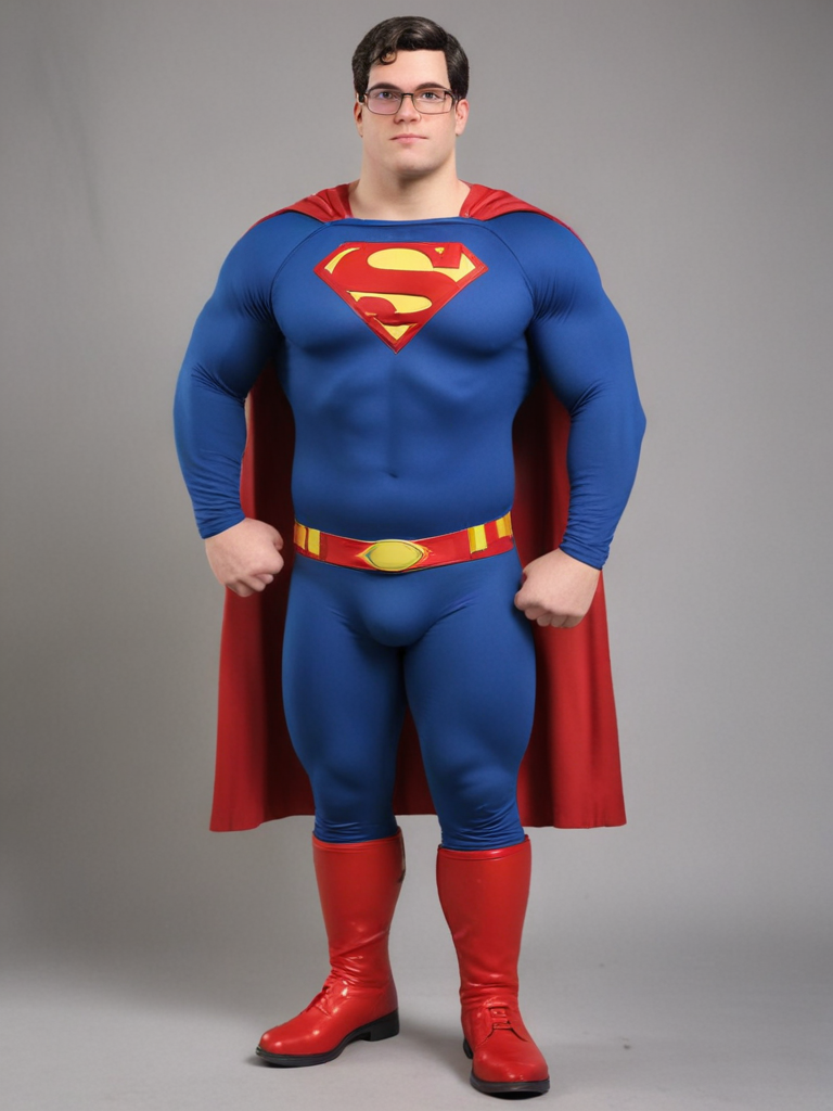 Realistic chubby college nerd guy, full body, realistic superman ...