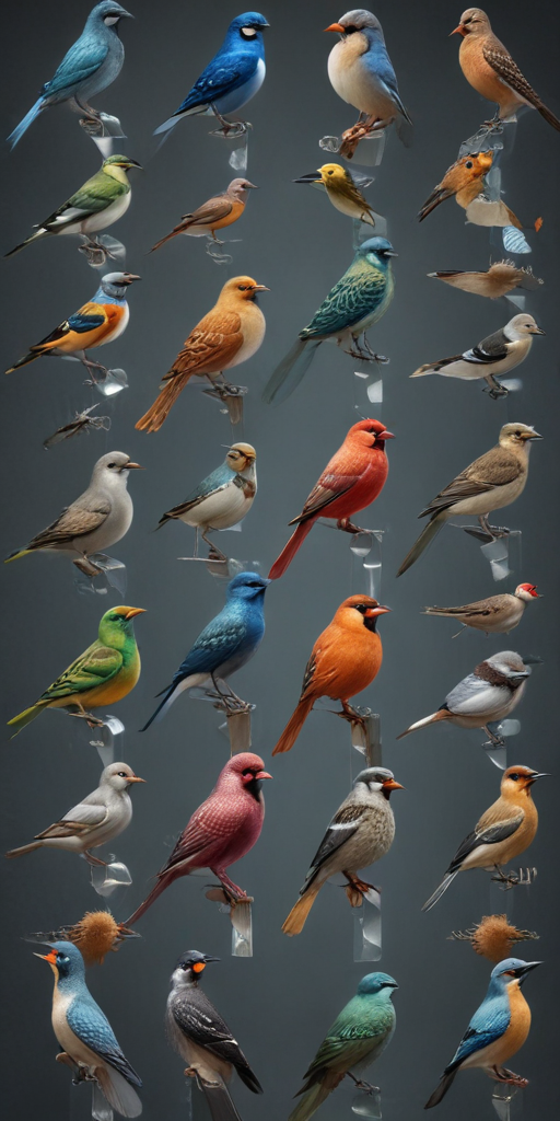 A Colorful Collection of Various Bird Species Displayed in Rows.