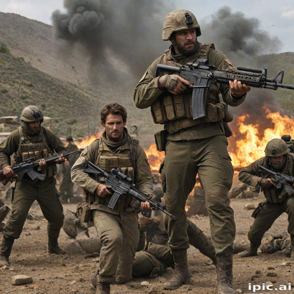 Intense Military Action Scene with Soldiers Engaged in Combat Under Fire