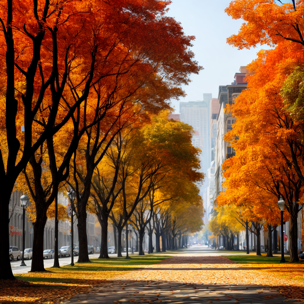 art image of a street autumn, Autumn leaves in the air fall, effoliation