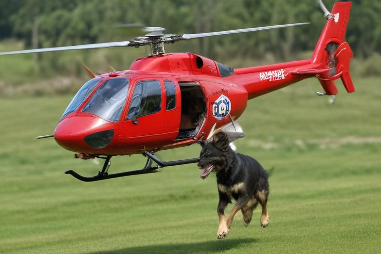 a dog flying a red helicopter