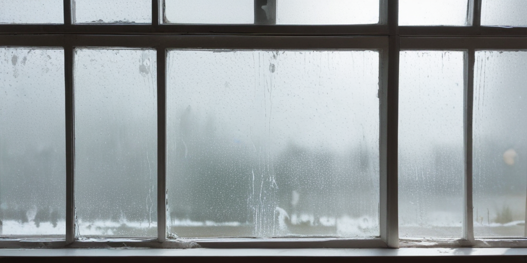 window with white frame with water condensation