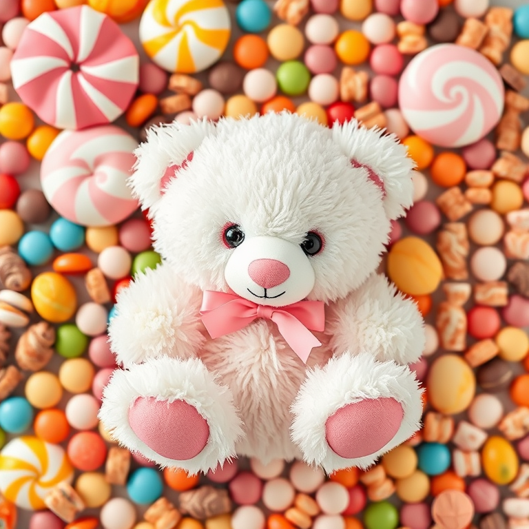 A Cute White Teddy Bear Surrounded by Colorful Assorted Candies and Treats
