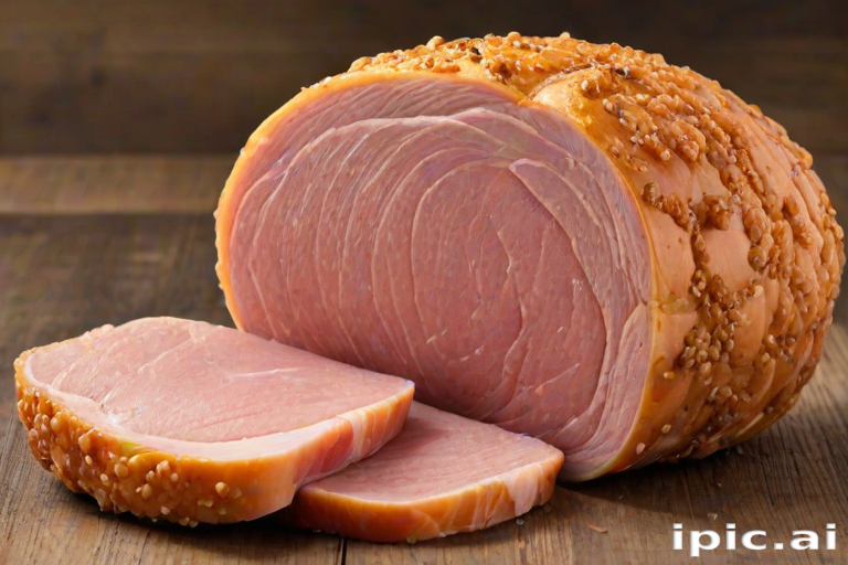 Deliciously Glazed Ham with Sesame Seeds on a Rustic Wooden Table.