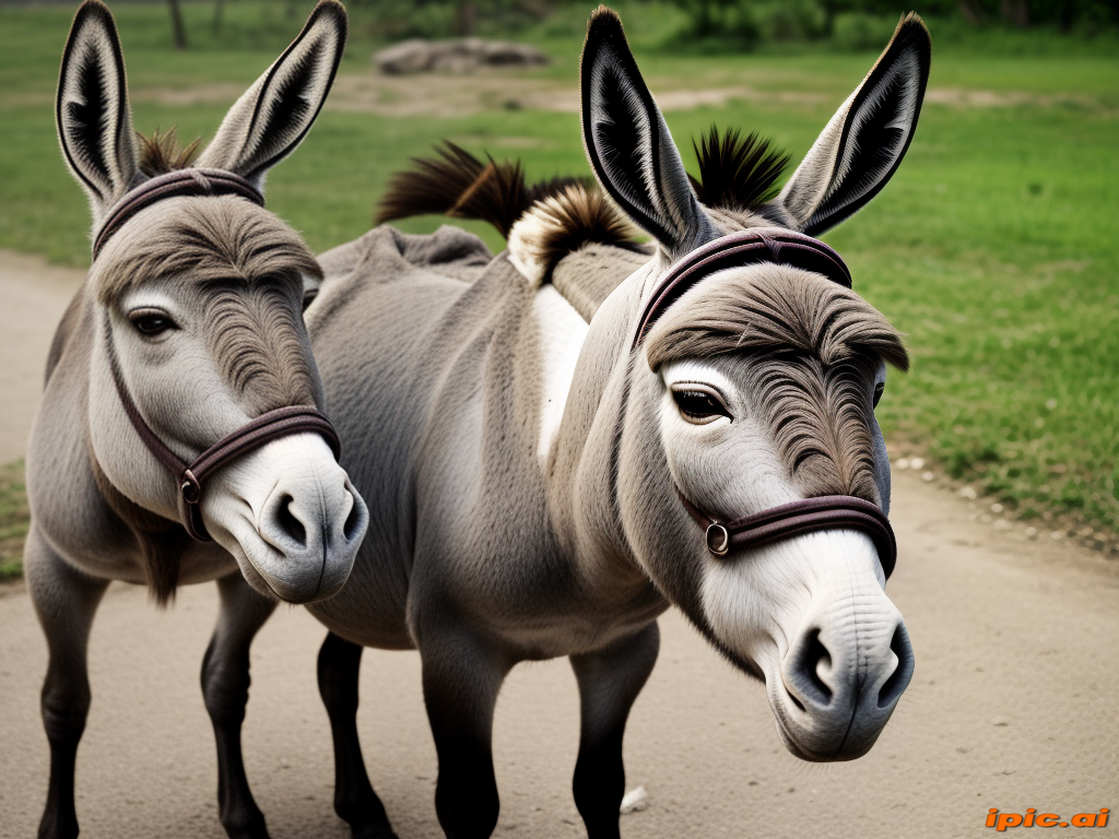 Two Unique Donkeys with Intriguing Facial Features in a Natural Setting