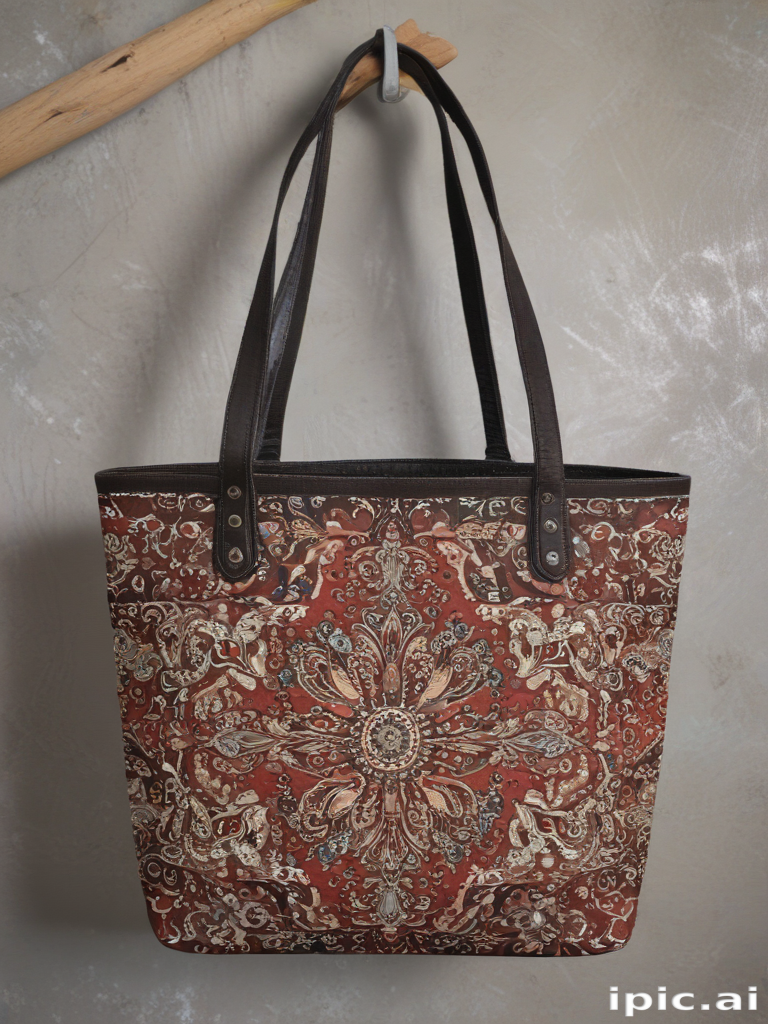 Elegant Brown Tote Bag with Intricate Floral and Geometric Patterns