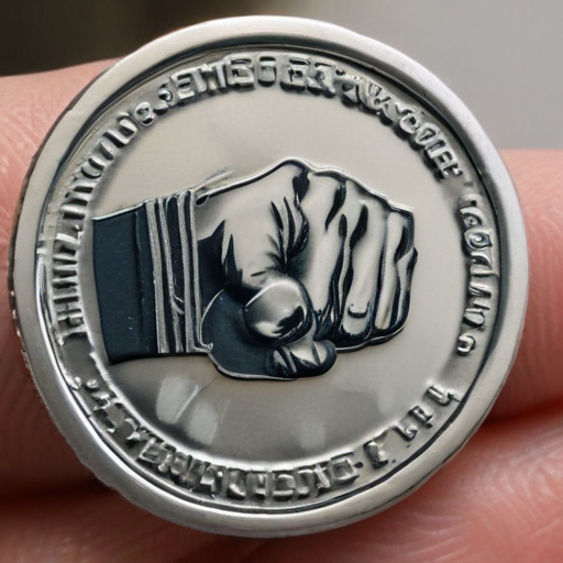 A challenge coin in the shape of a fist bump