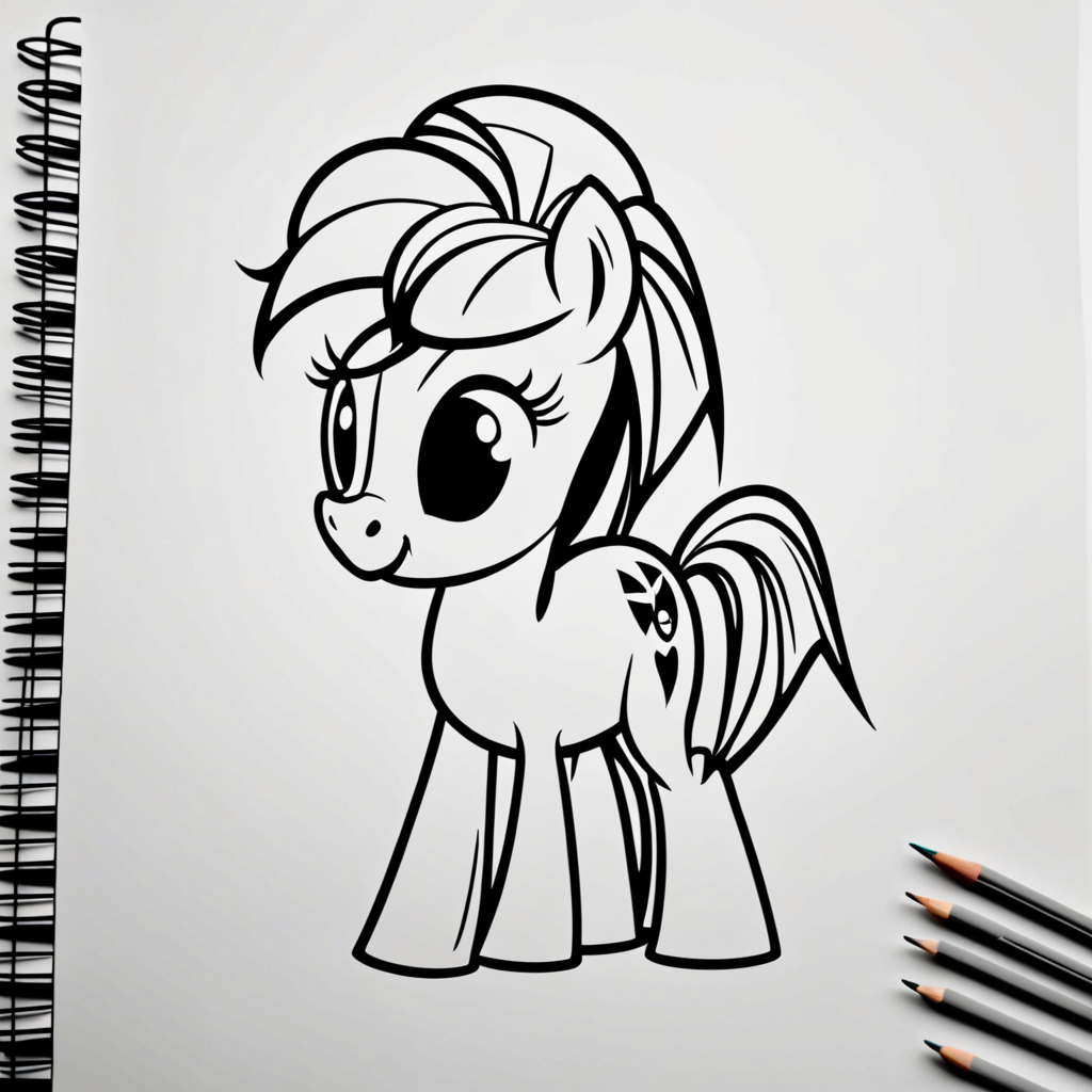 simple line drawing of cartoon pixar style pony low detail centered no ...