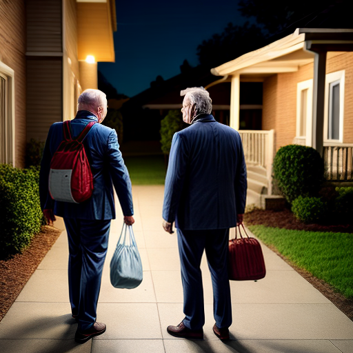 father talking outside of friends home at mid night with bag in hand