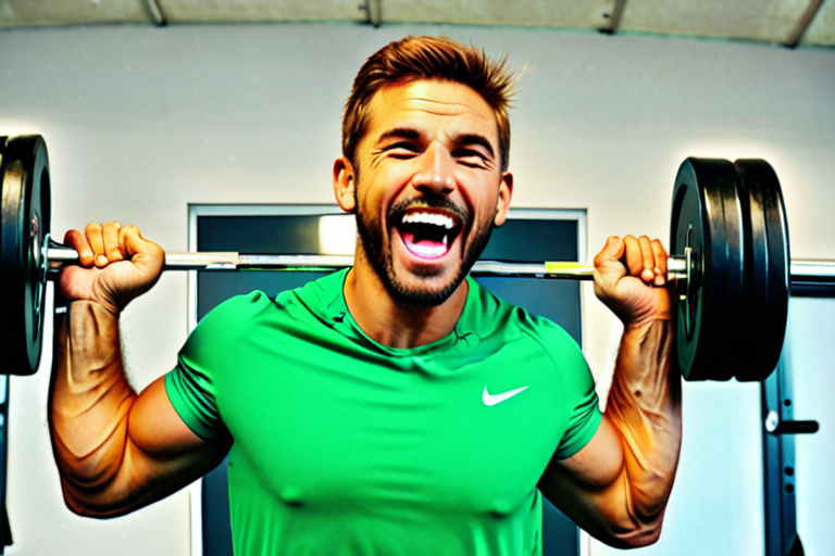 man straining with his teeth while lifting weights