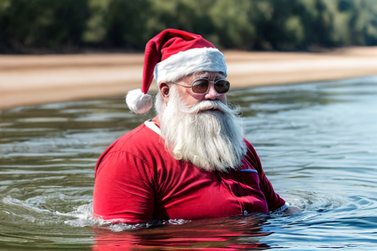 santa testing water quality on a river