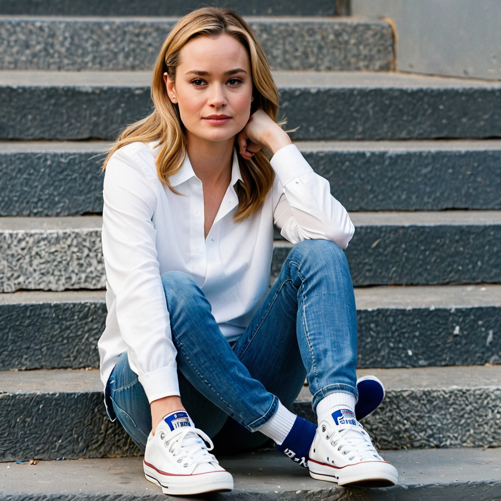 Mcu Brie Larson Carol Danvers Sitting in White Shirt, Blue Jeans, White ...