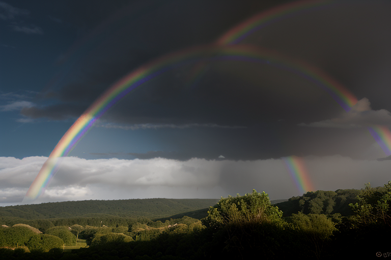 Stunning Landscape with Multiple Rainbows Arching Over Lush Green Hills
