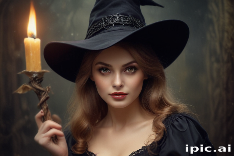 Enchanting Witch Holding a Candle in a Mysterious Forest Setting