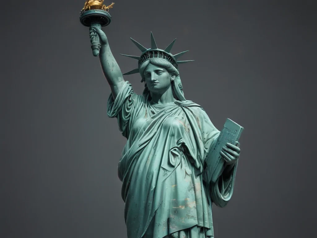 Iconic Statue of Liberty Holding Torch Against a Dramatic Sky Background