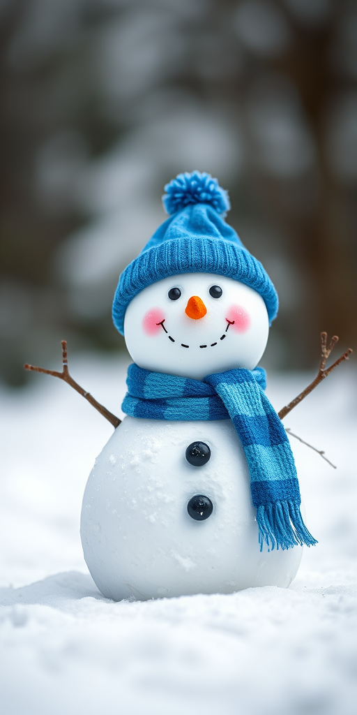 Cheerful Snowman with Blue Scarf and Hat Smiling in Winter Wonderland