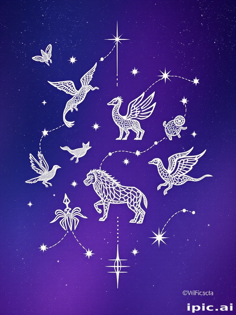 Constellations of Mythical Creatures and Celestial Symbols in a Starry Sky