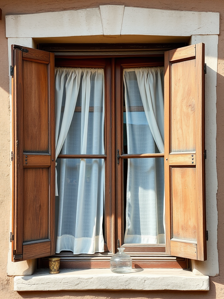 Charming Wooden Window with Open Shutters and Soft Drapes in Bright Light