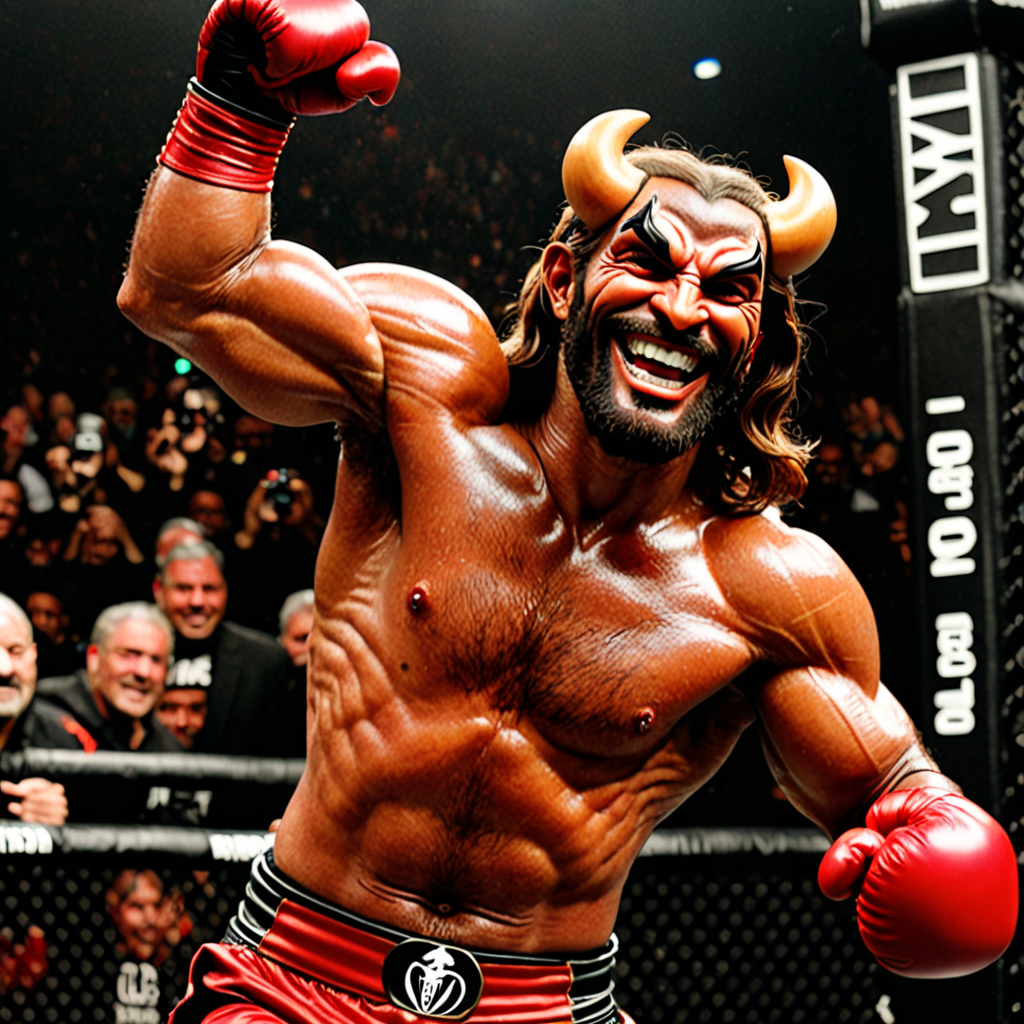 a smiling devil fighting happy jesus in the octagon