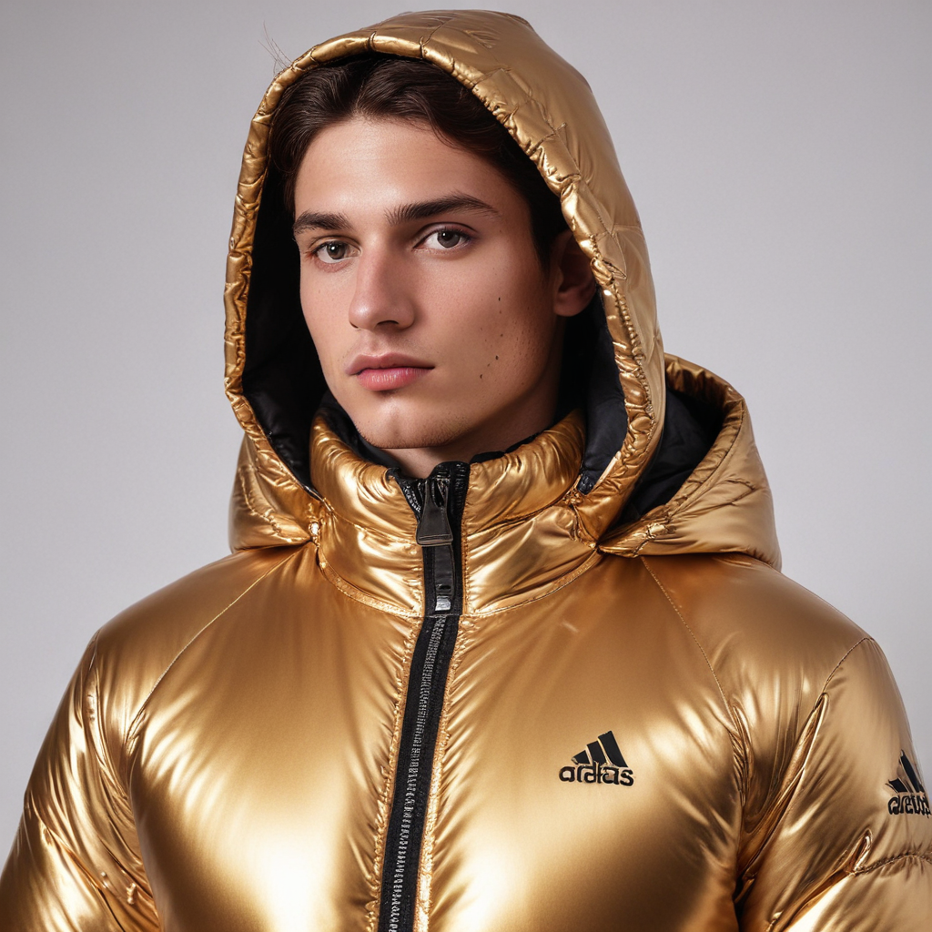 male supermodel adidas shiny super puffer jacket bling jewellery hood