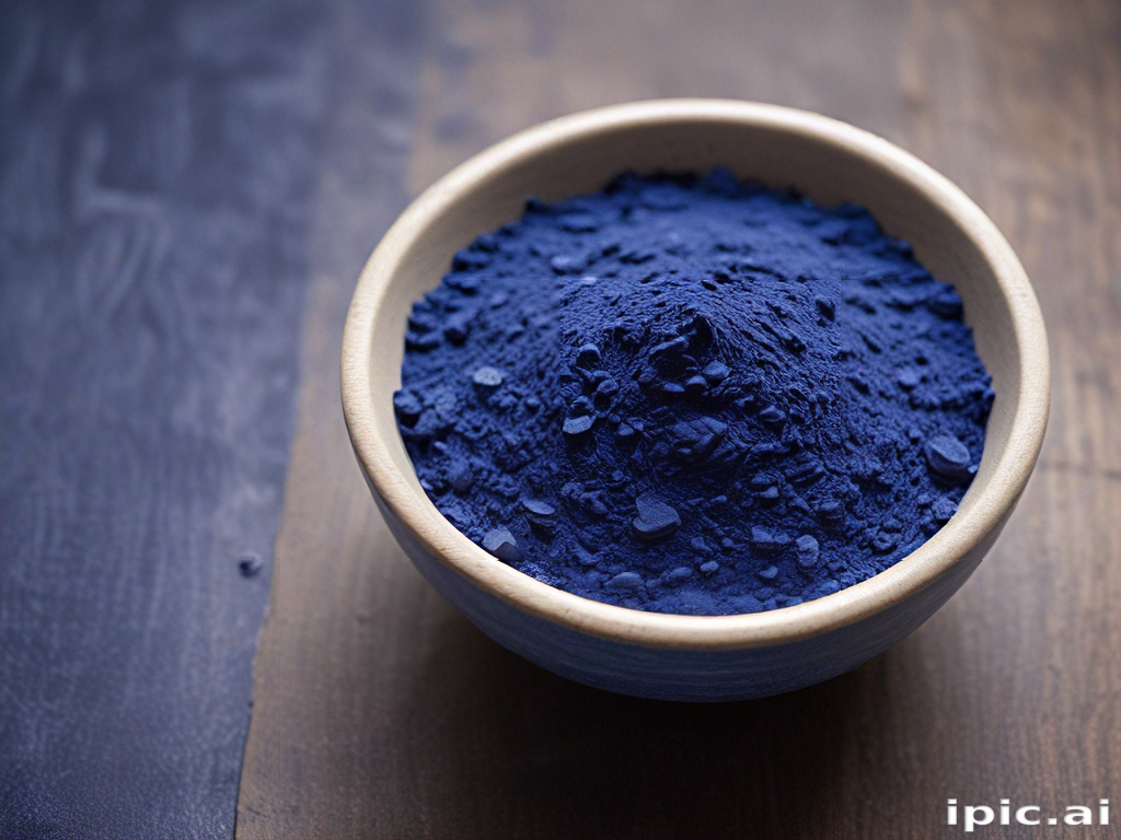 Vibrant Blue Pigment Powder Piled High in a Rustic Bowl.